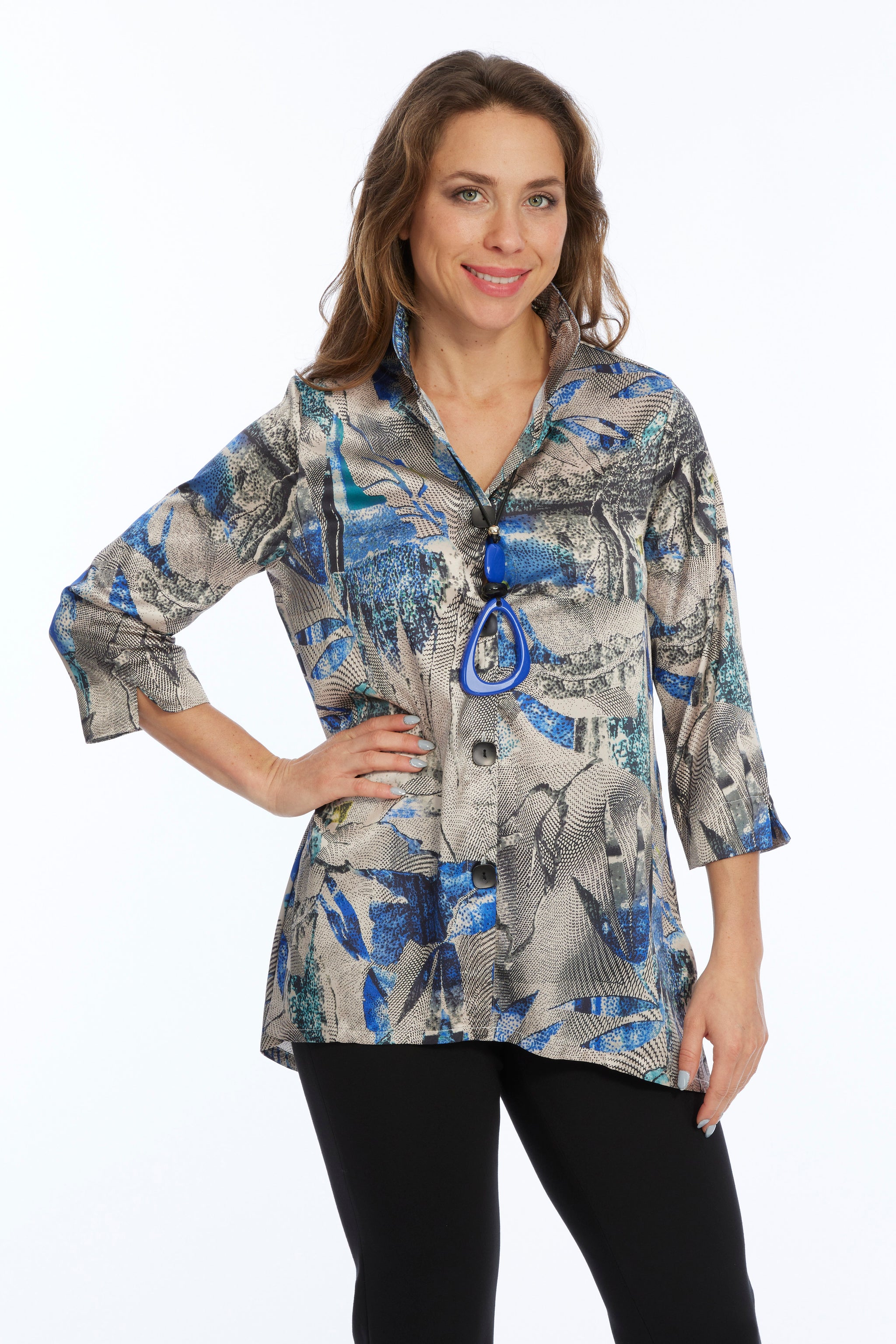 Buy "Demi" Silky Blue Abstract Tunic Blouse With Pockets by Lior-Alisha.D
