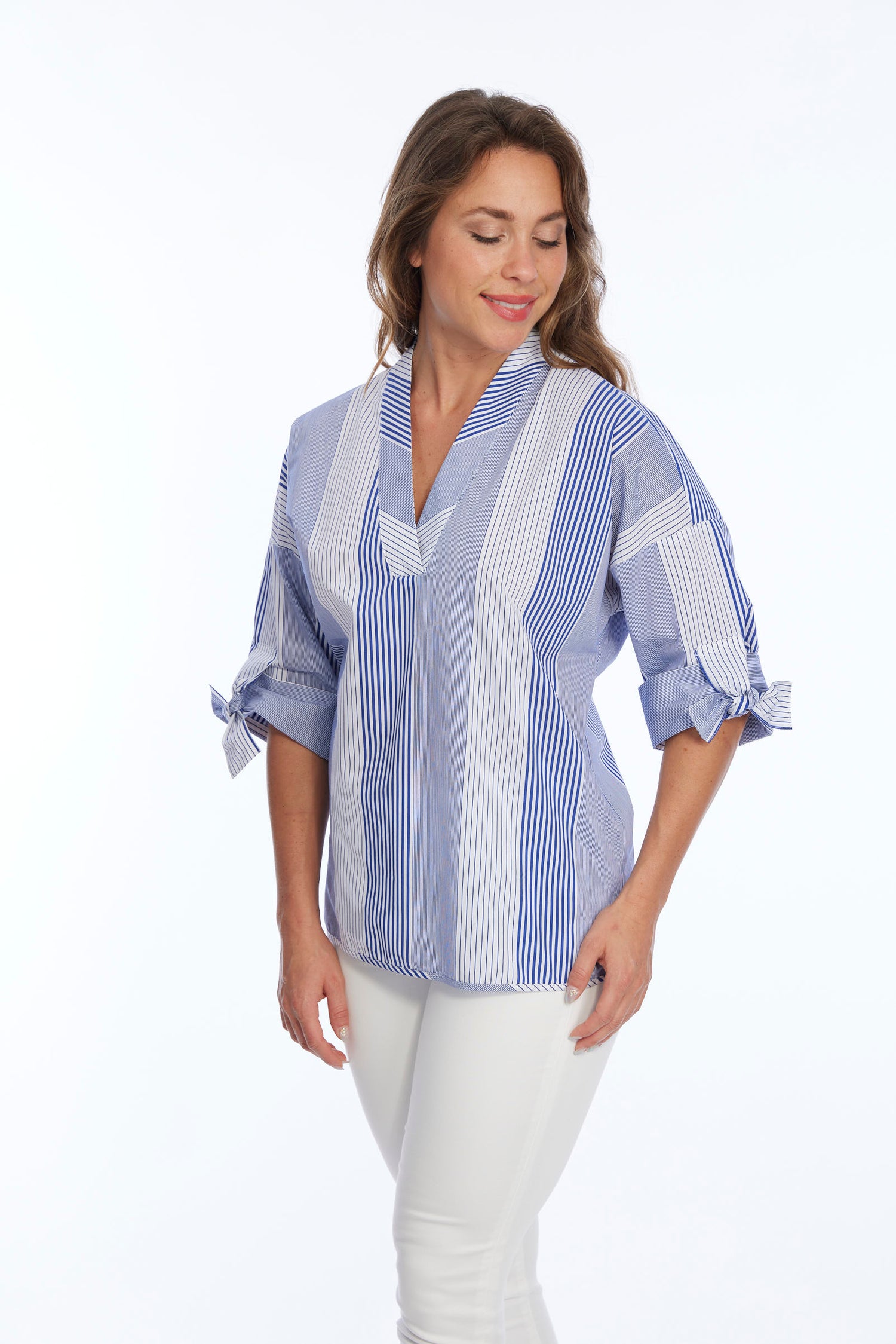 Blue and White Striped Top Bow V-Neck Sleeve Blouse FINLEY – Lior ...