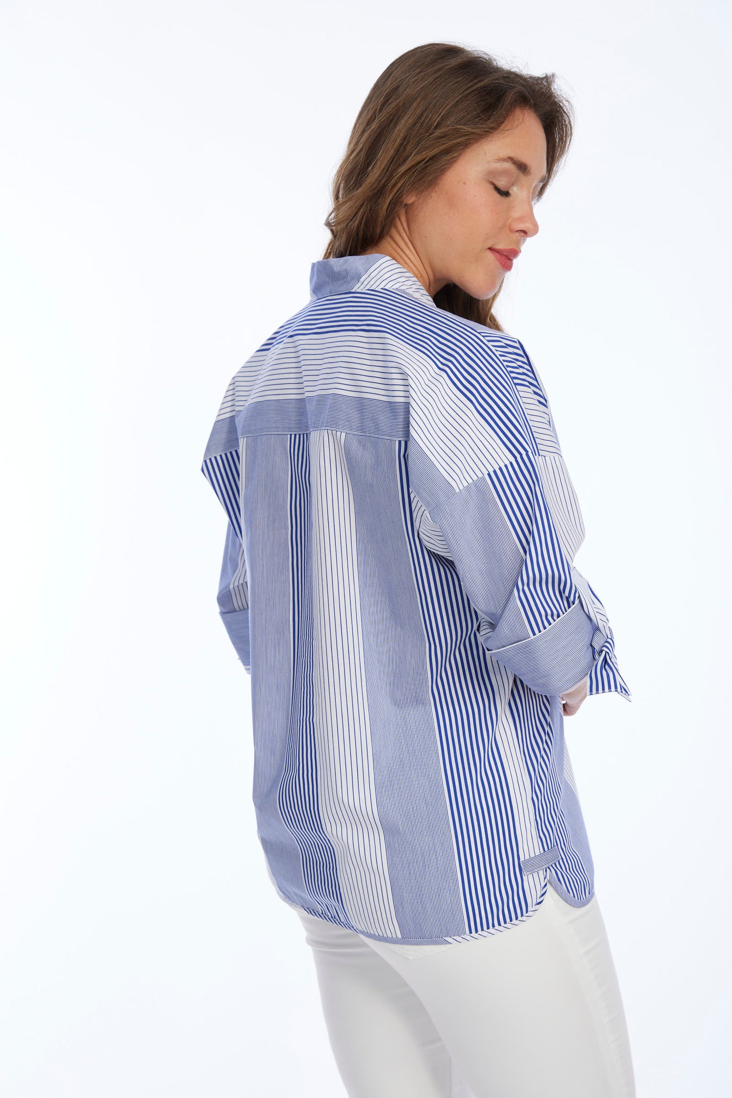 Blue and White Striped Top Bow V-Neck Sleeve Blouse FINLEY – Lior ...