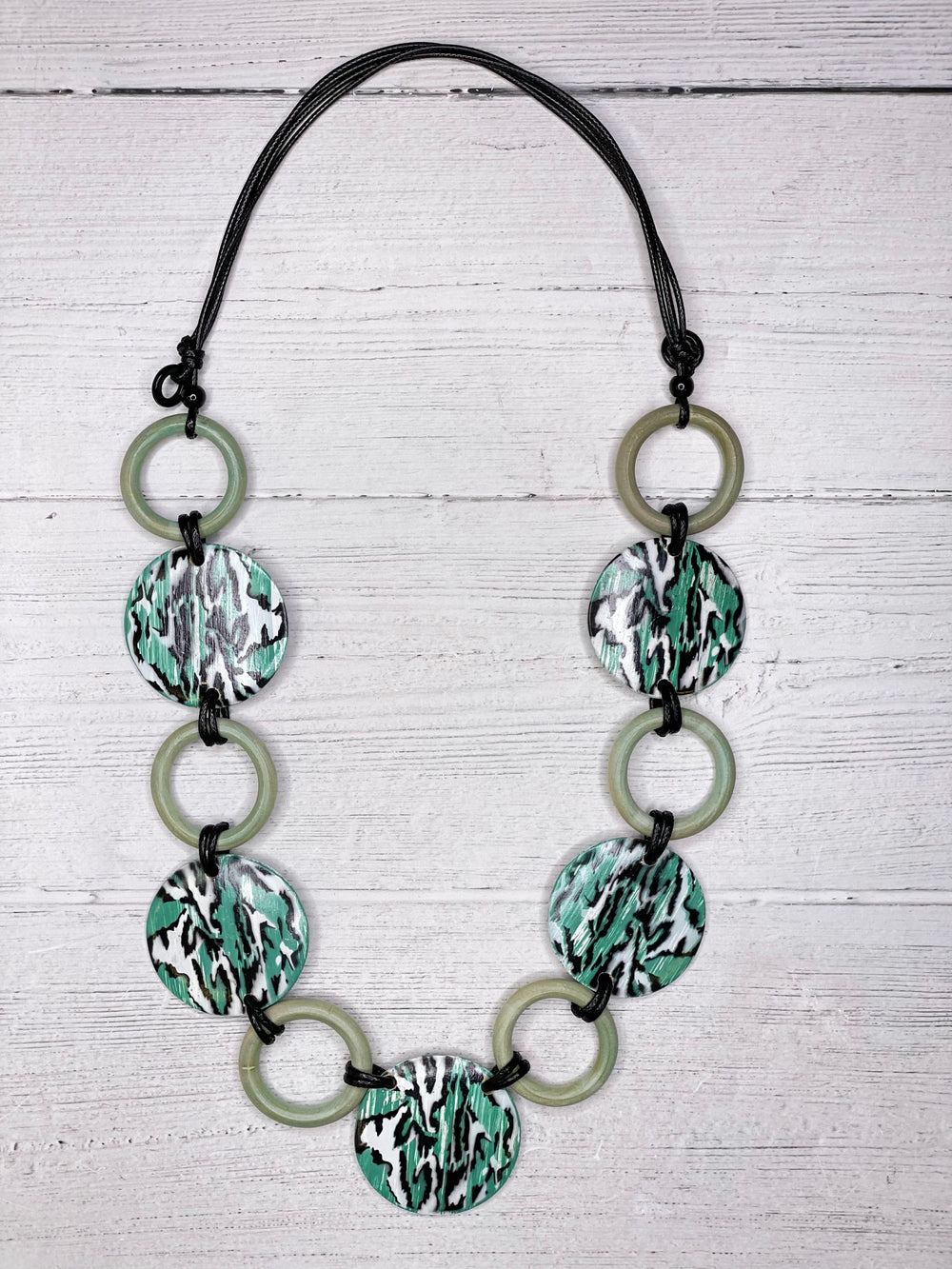 Hand Painted Wood Camo Coin Statement Necklace with Adjustable Cord